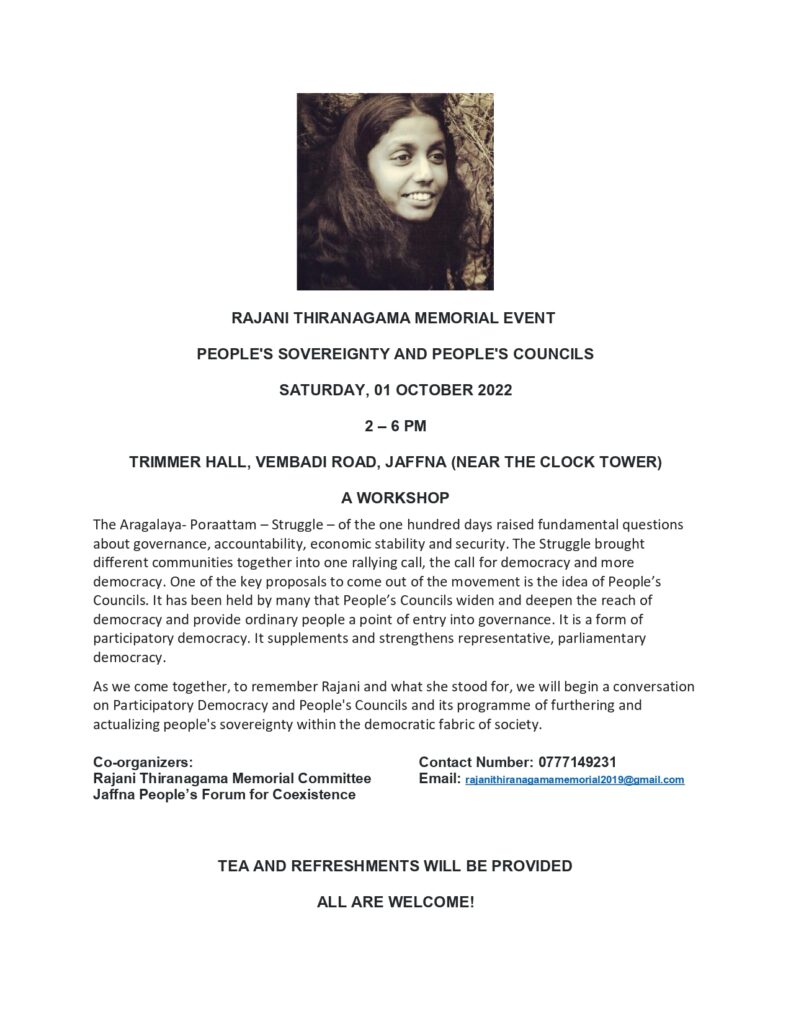 Sri Lanka-Rajani Thiranagama Memorial Event in Jaffna – 01 October 2022 – Asia Commune